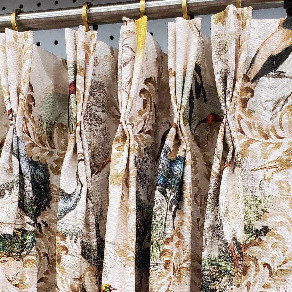 Classic Custom Drapes in Wayward Bird Toile Fabric in Natural